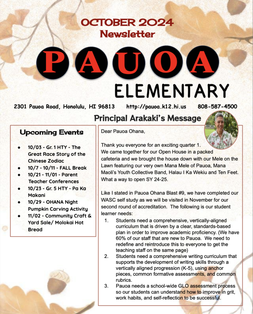 Pauoa October 2024 Newsletter – Pauoa Elementary School