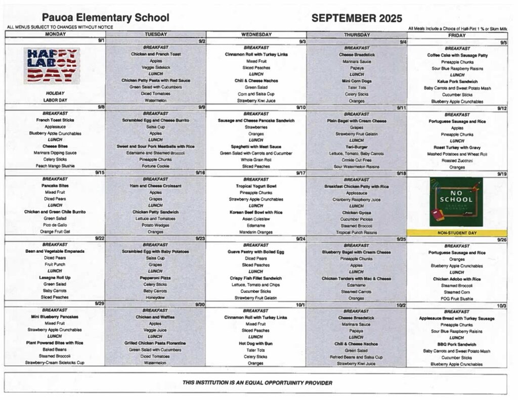 September 2025 Cafeteria Menu – Pauoa Elementary School